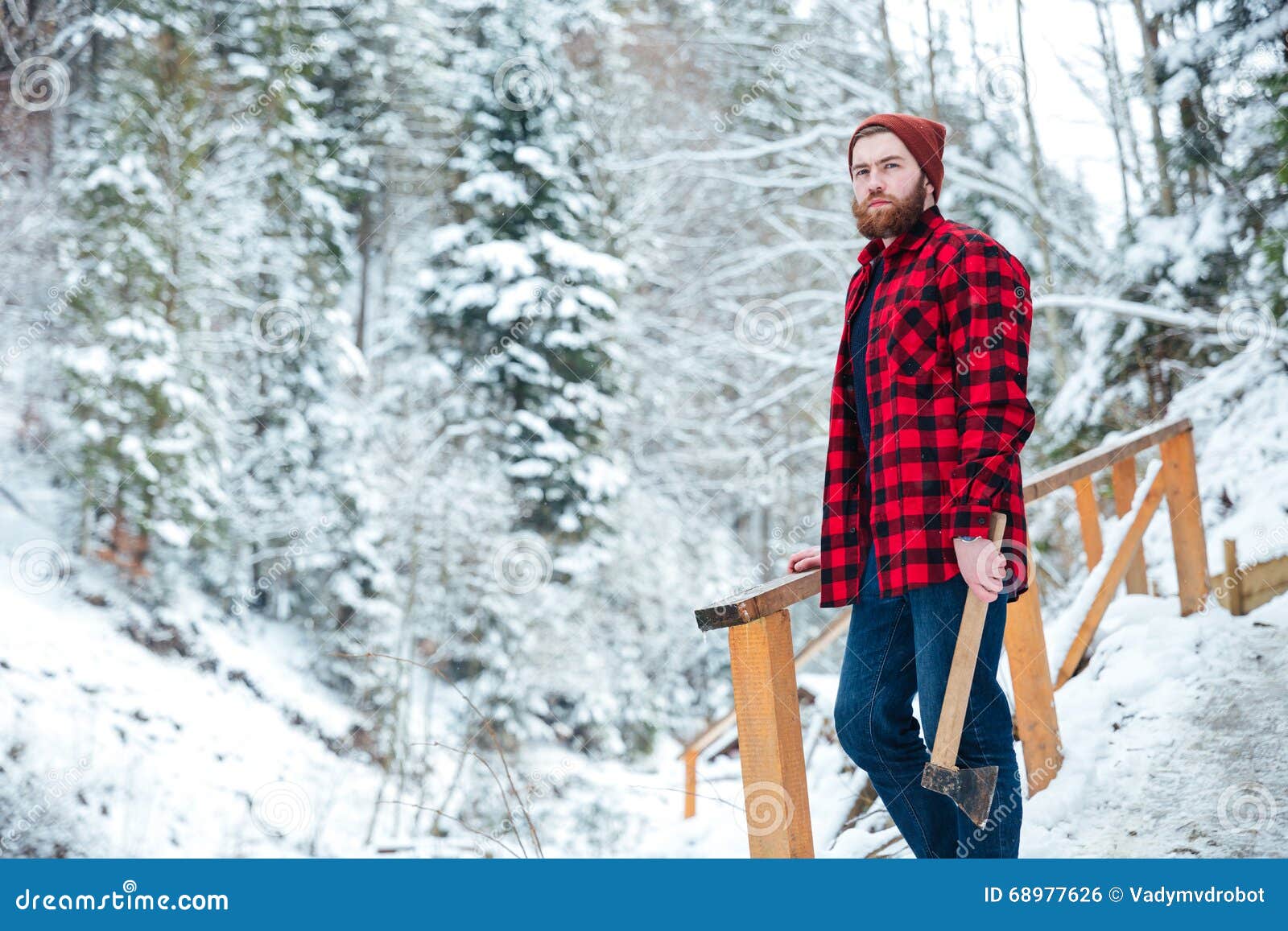 Handsome Pensive Man with Axe Standing in Mountain Winter Forest Stock ...