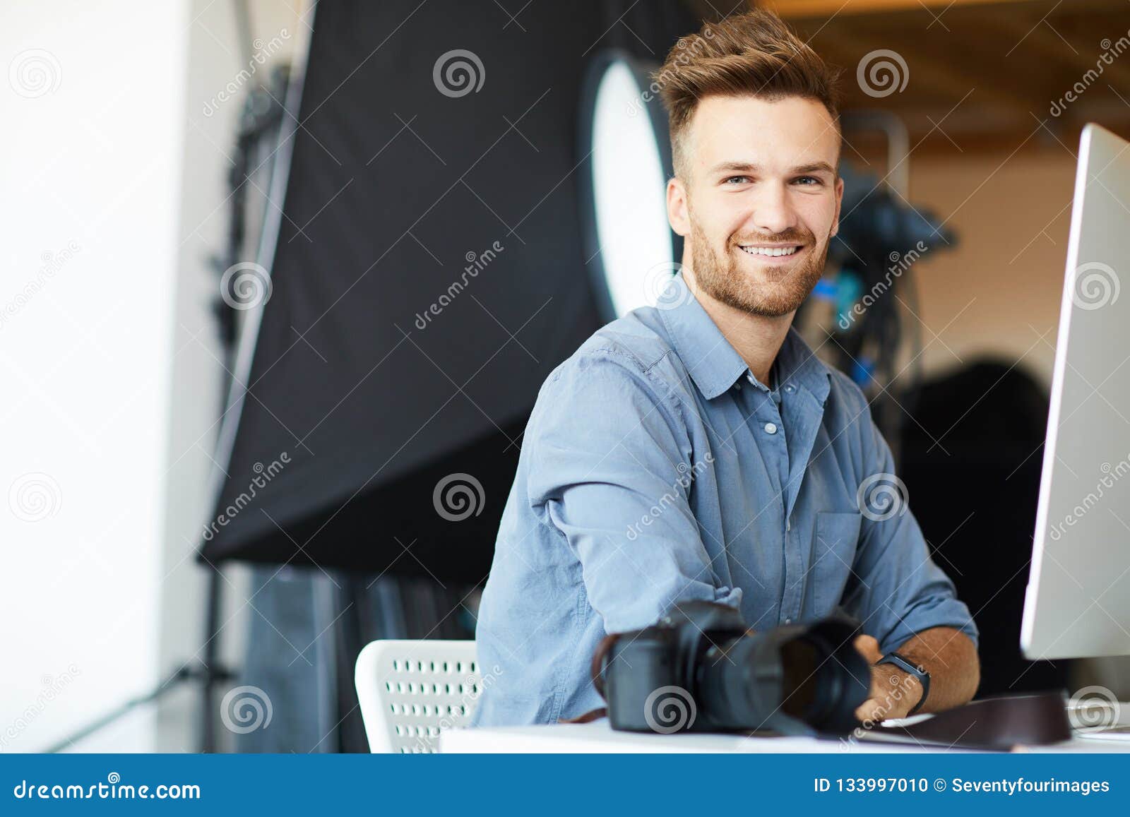 Handsome Photographer Using Computer Stock Photo - Image of equipment ...
