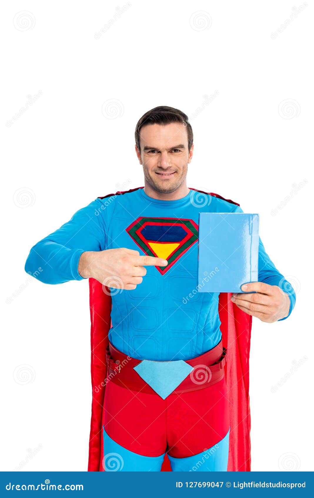 Handsome Superman Pointing with Finger at Blank Box with Soap Powder ...