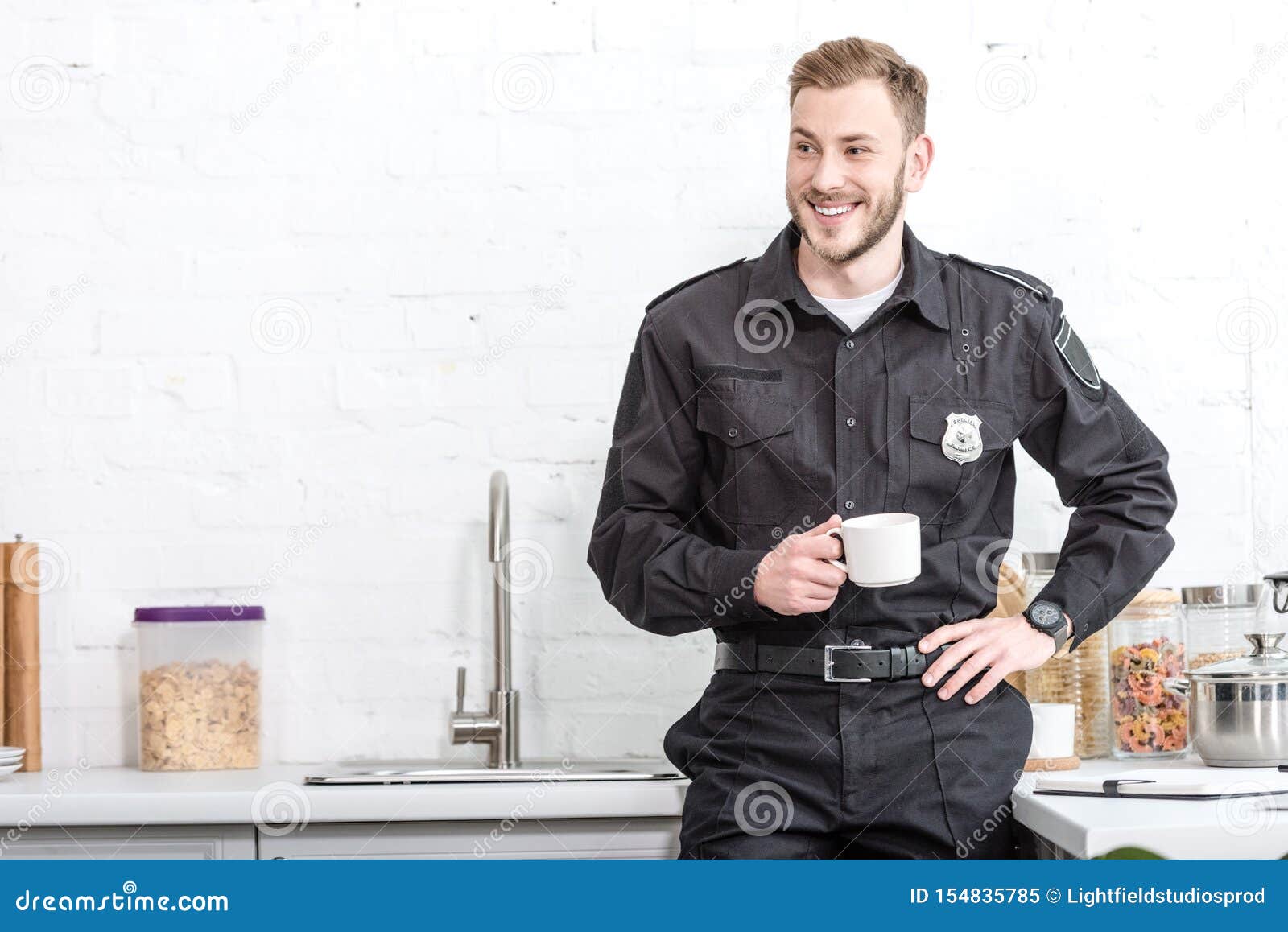Handsome Police Officer Drinking Coffee Stock Image - Image of morning ...
