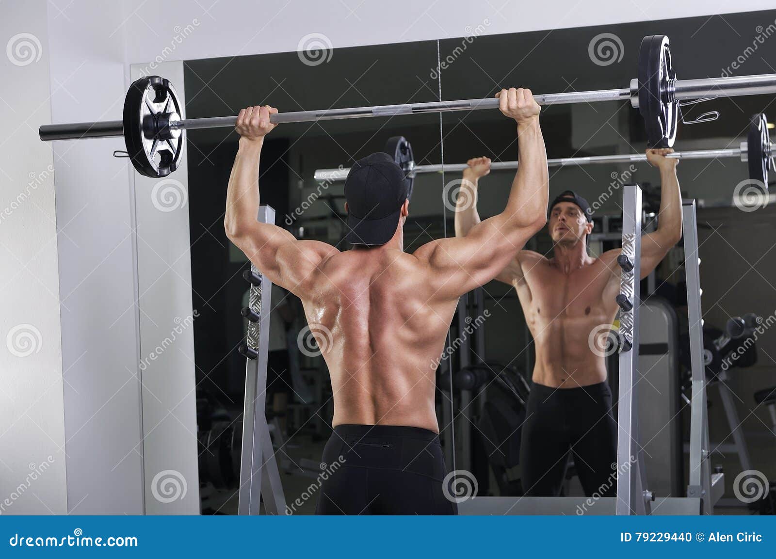 Handsome Powerful Athletic Man Doing Barbell Shoulder Press Stock Photo ...