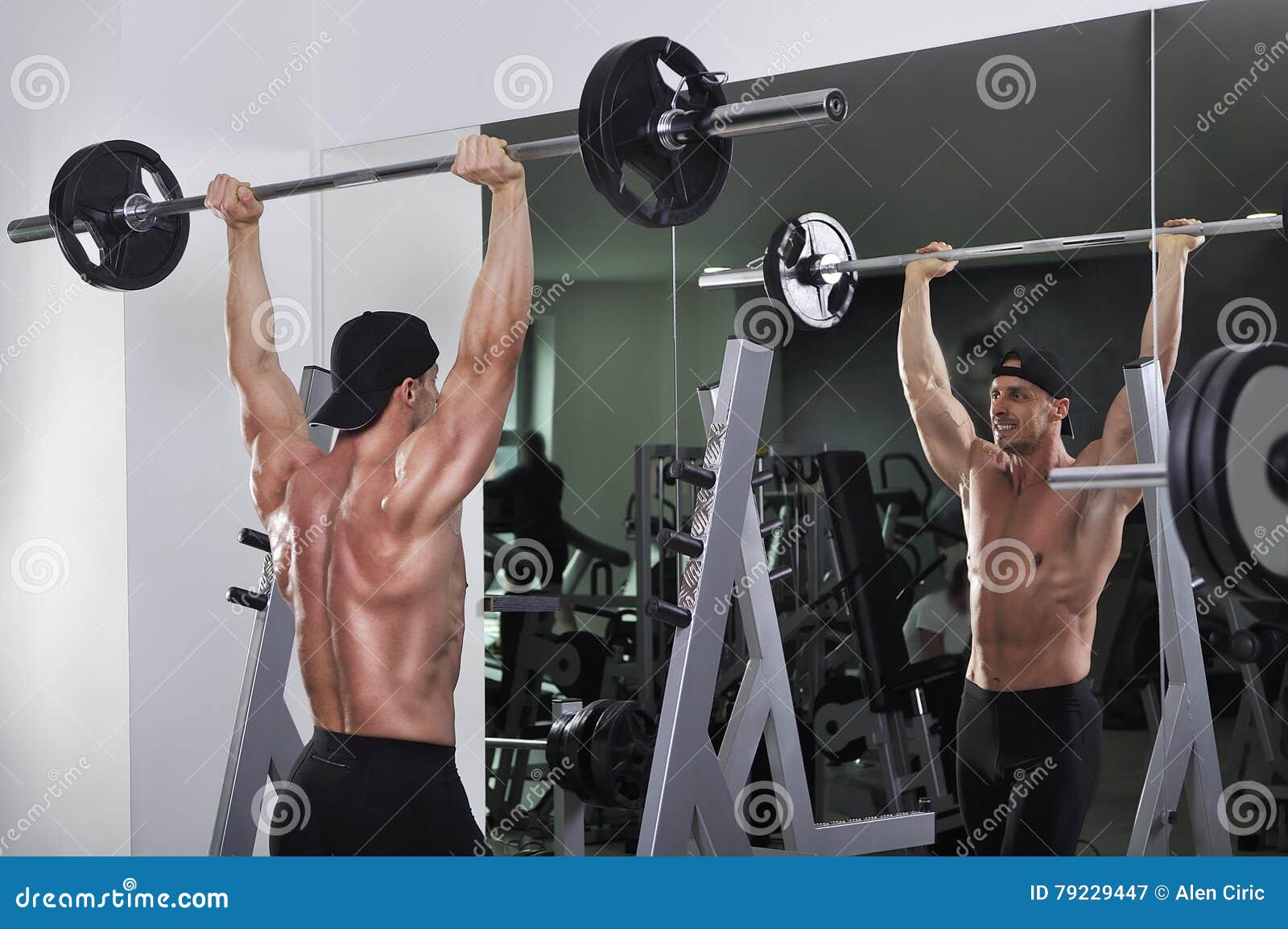 Handsome Powerful Athletic Man Doing Barbell Shoulder Press Exercise ...