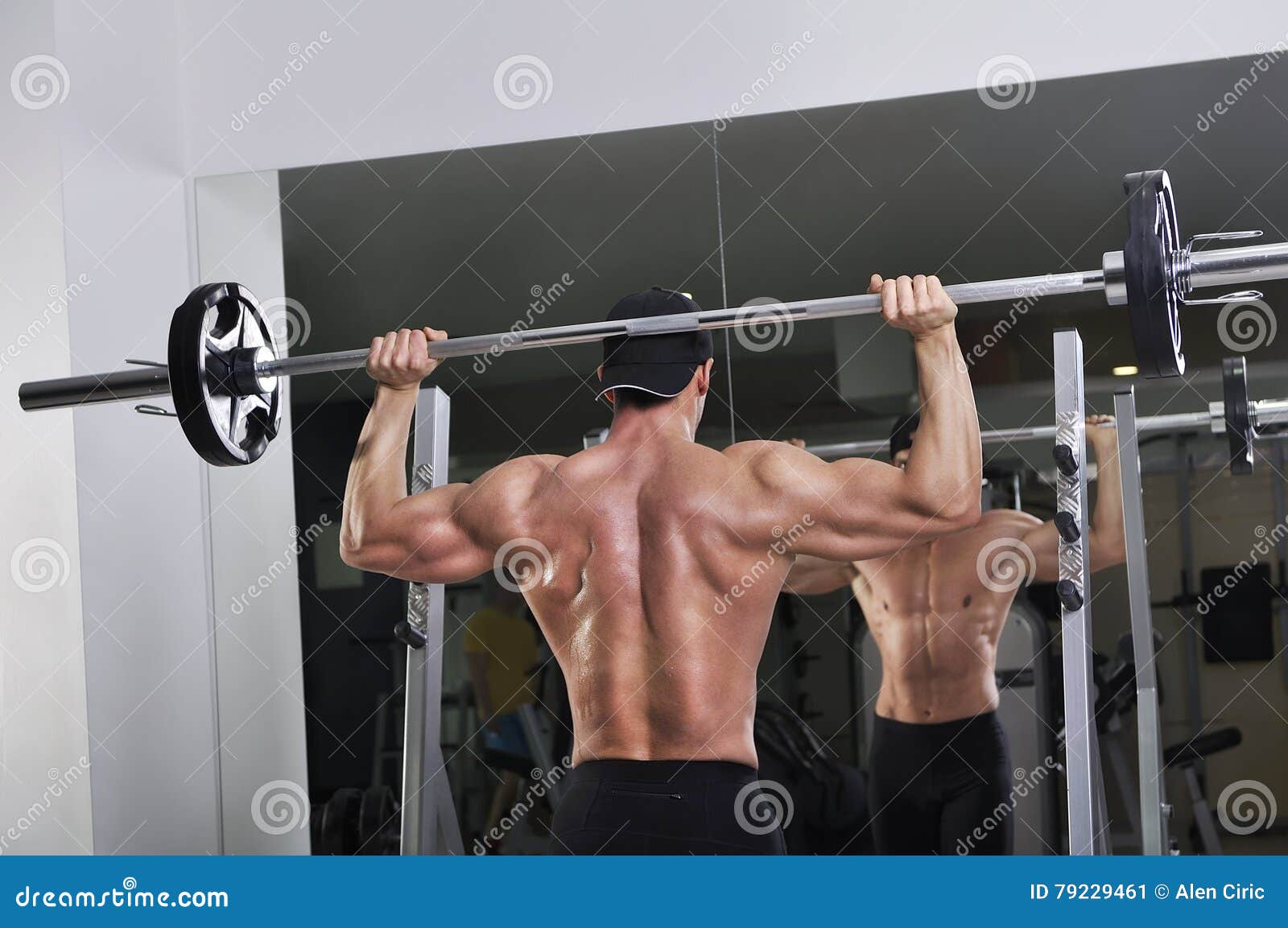 Handsome Powerful Athletic Man Doing Barbell Shoulder Press Exercise ...