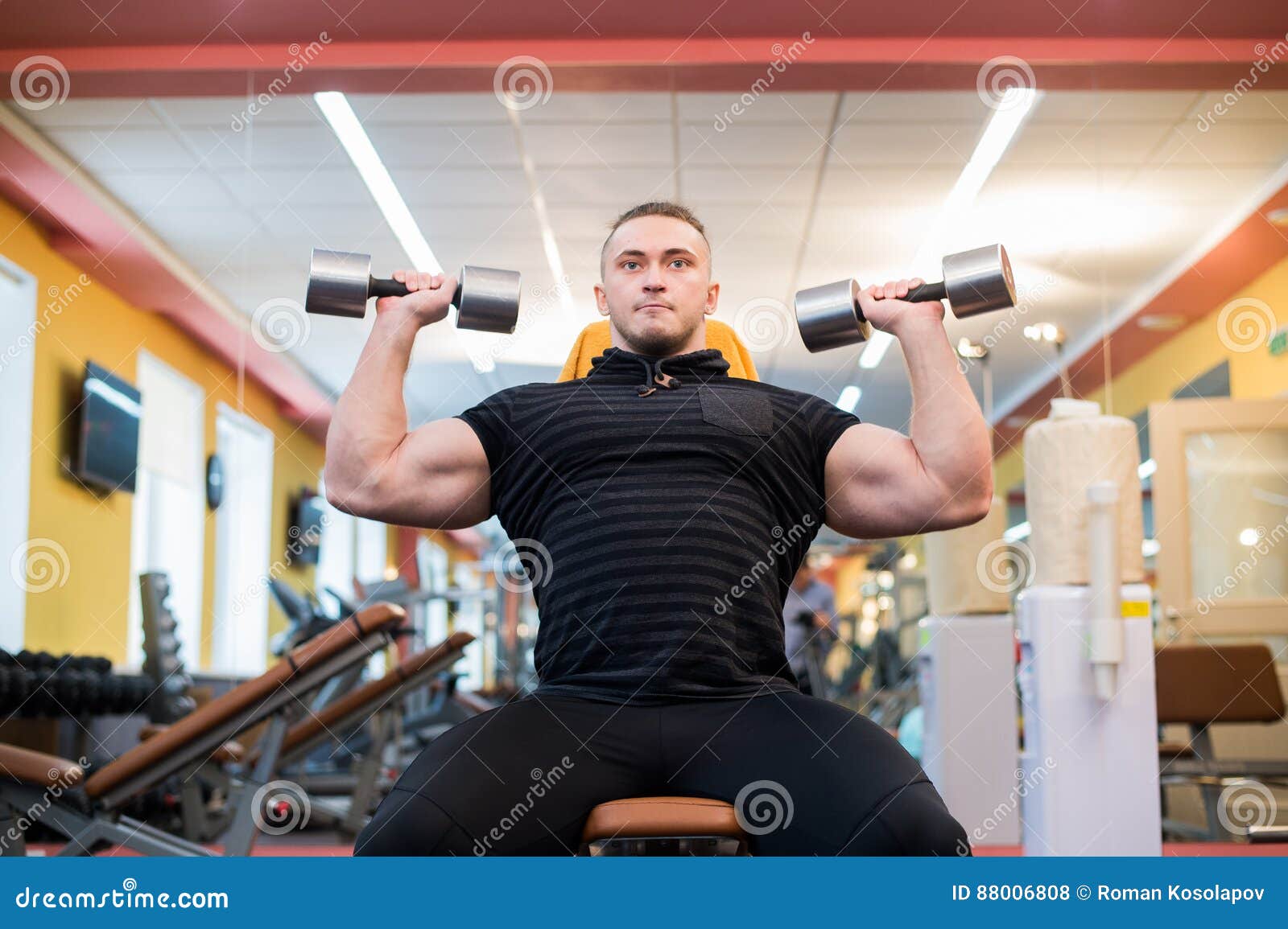 Handsome Powerful Athletic Man Doing Barbell Shoulder Press Exercise ...