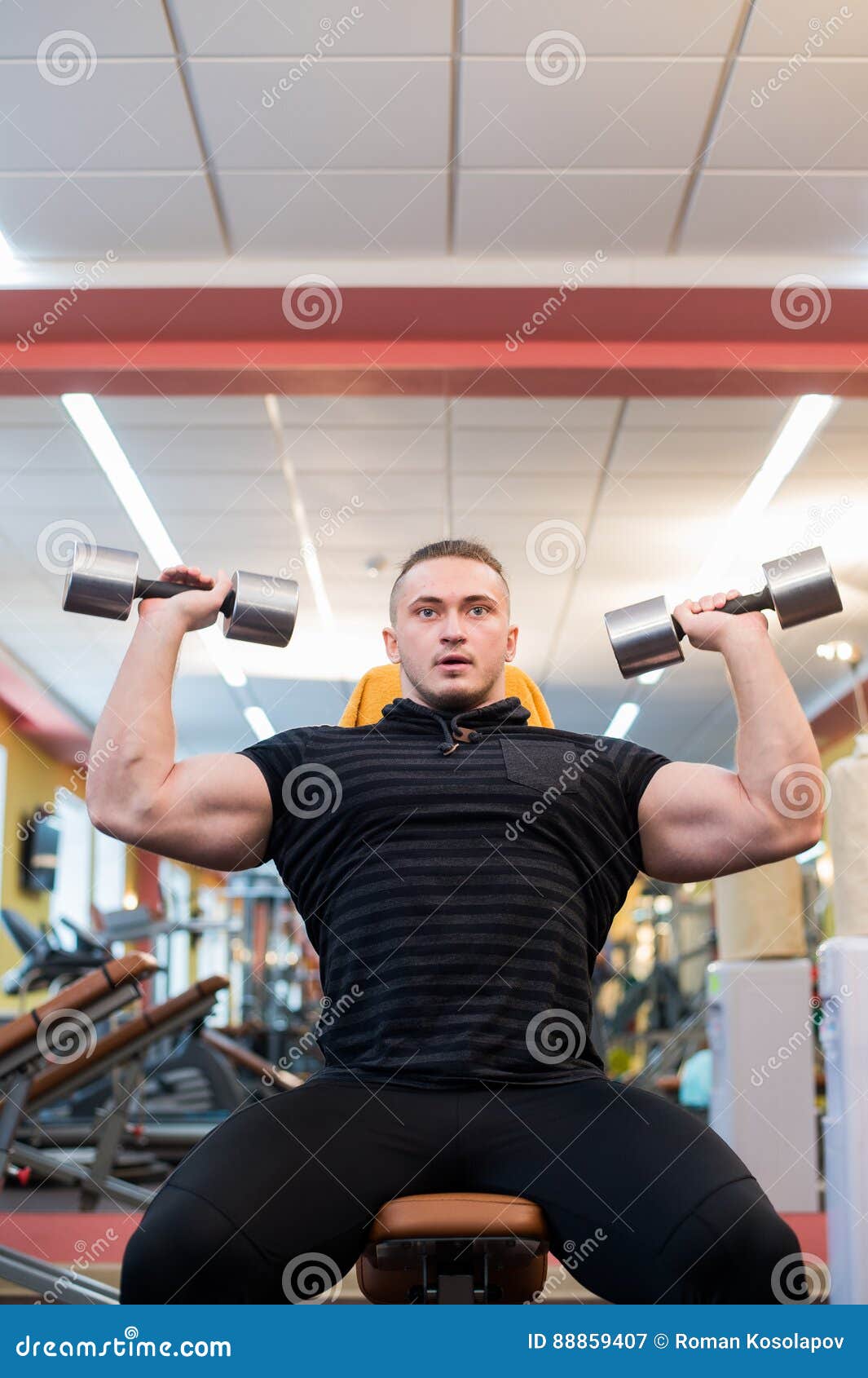 Handsome Powerful Athletic Man Doing Barbell Shoulder Press Exercise ...