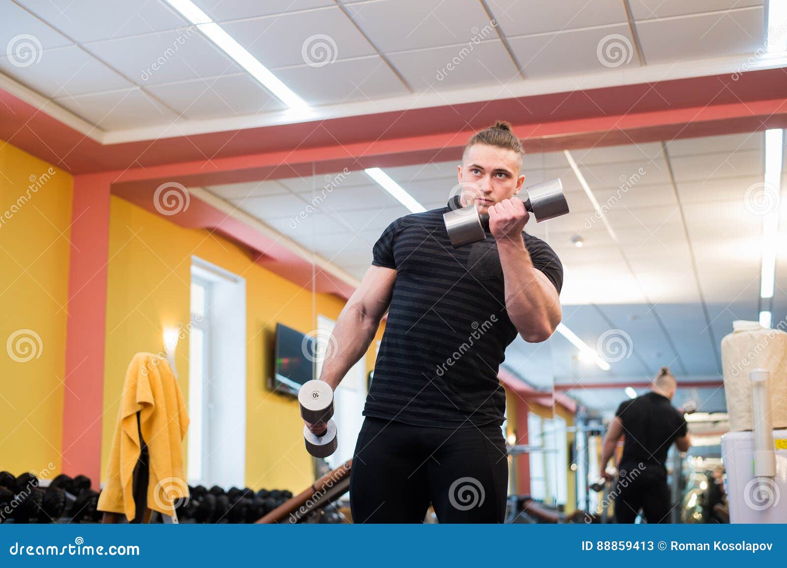 Handsome Powerful Athletic Man Doing Barbell Shoulder Press Exercise ...