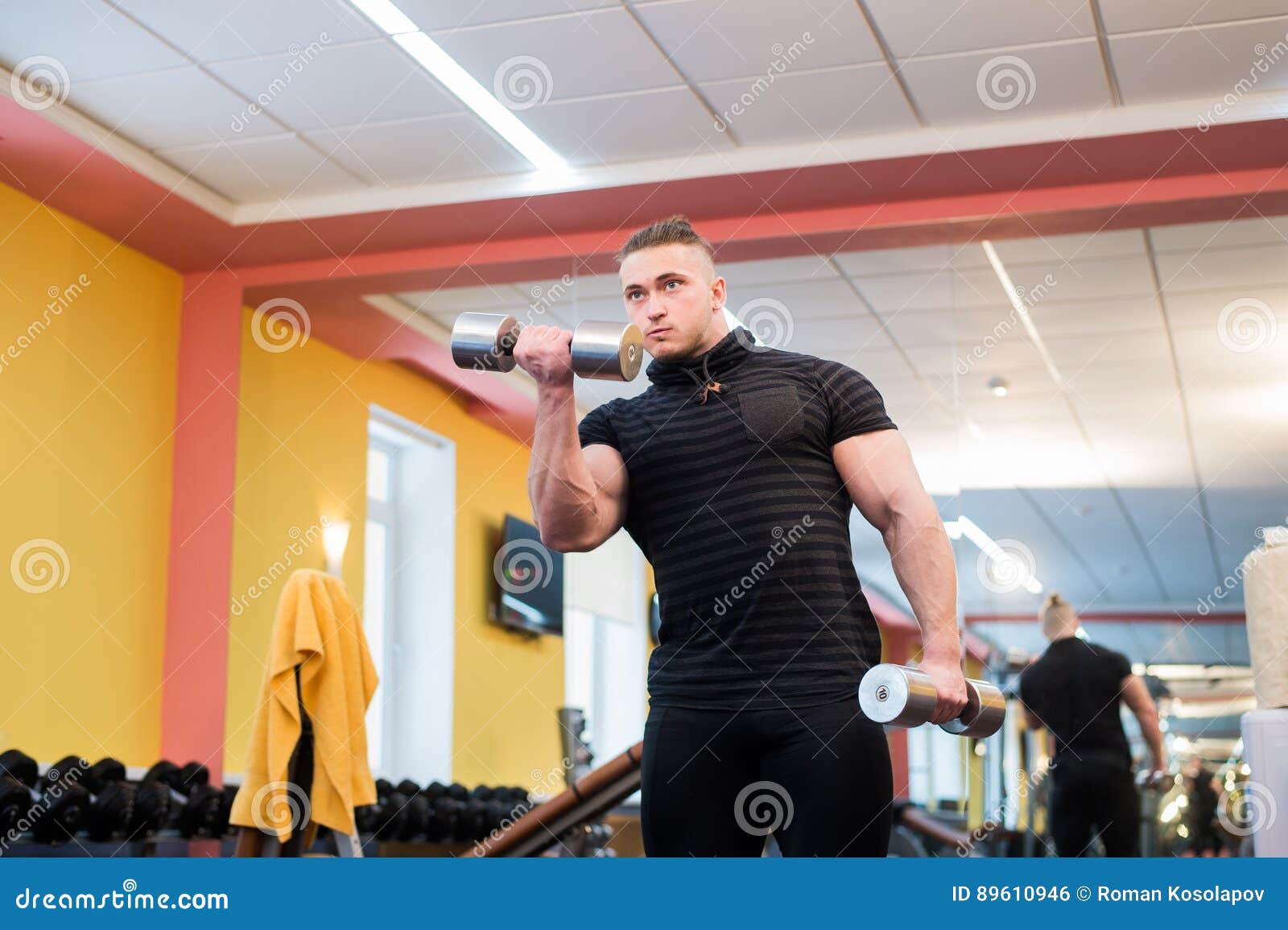 Handsome Powerful Athletic Man Doing Barbell Shoulder Press Exercise ...