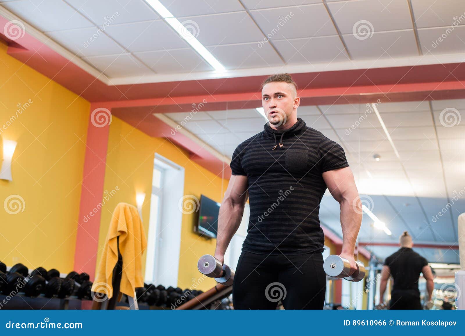 Handsome Powerful Athletic Man Doing Barbell Shoulder Press Exercise ...