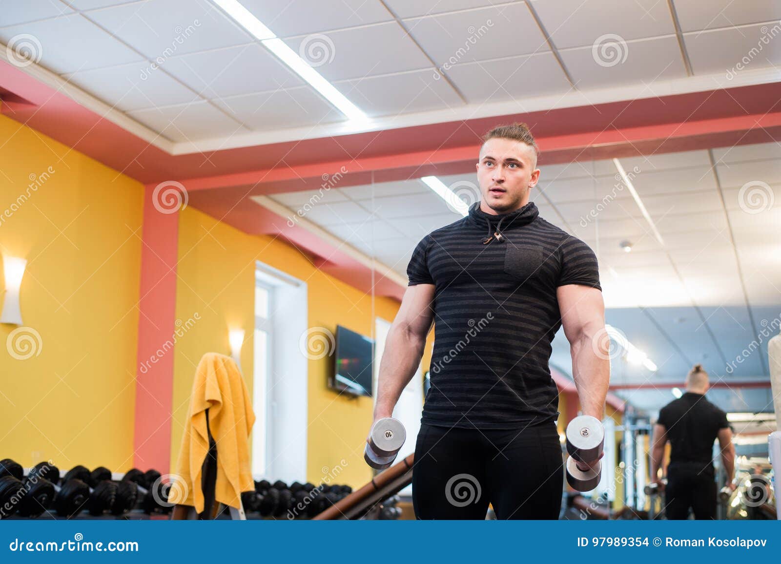 Handsome Powerful Athletic Man Doing Barbell Shoulder Press Exercise ...