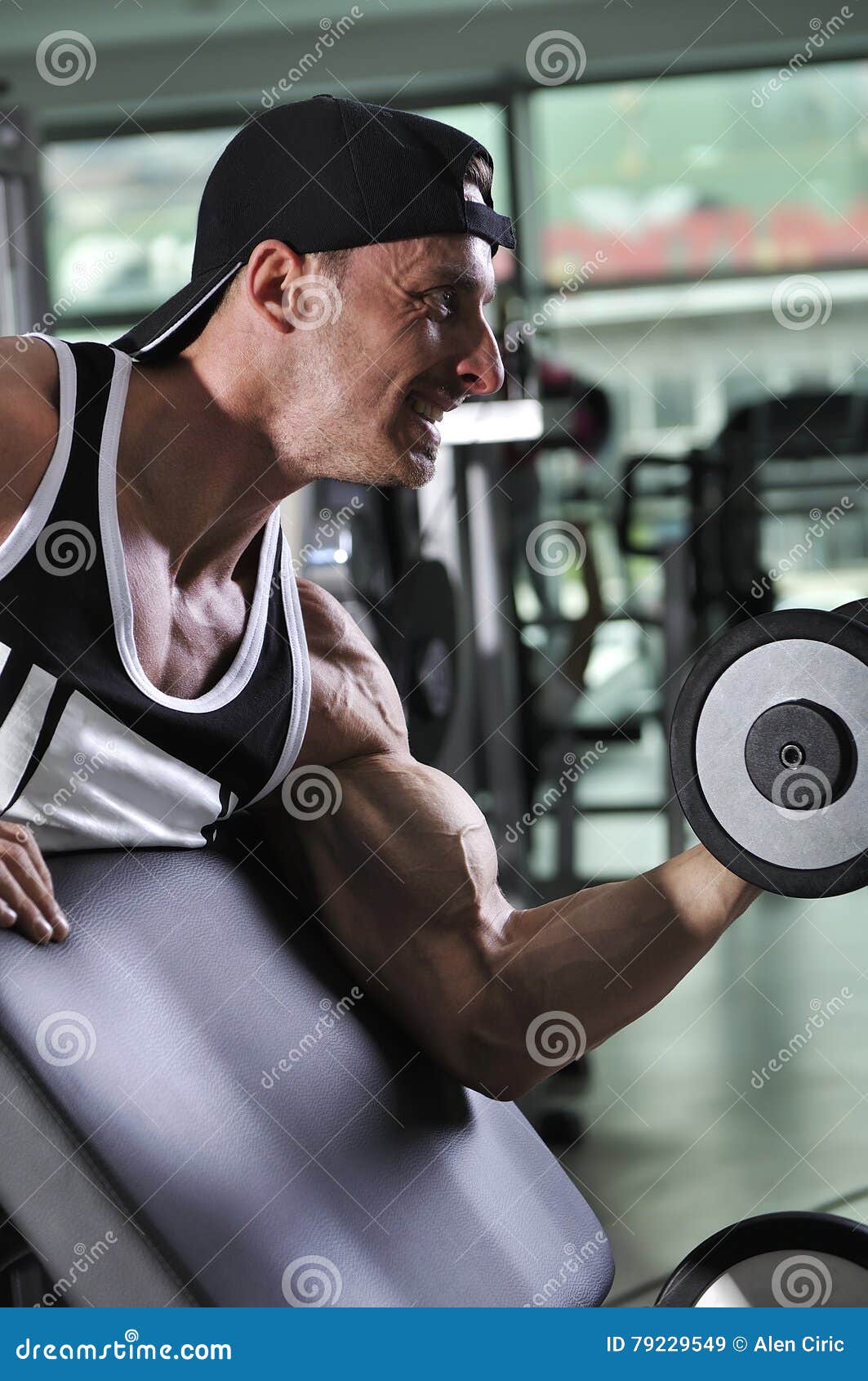 Handsome Powerful Athletic Man Doing Biceps Exercise with Dumbbell ...