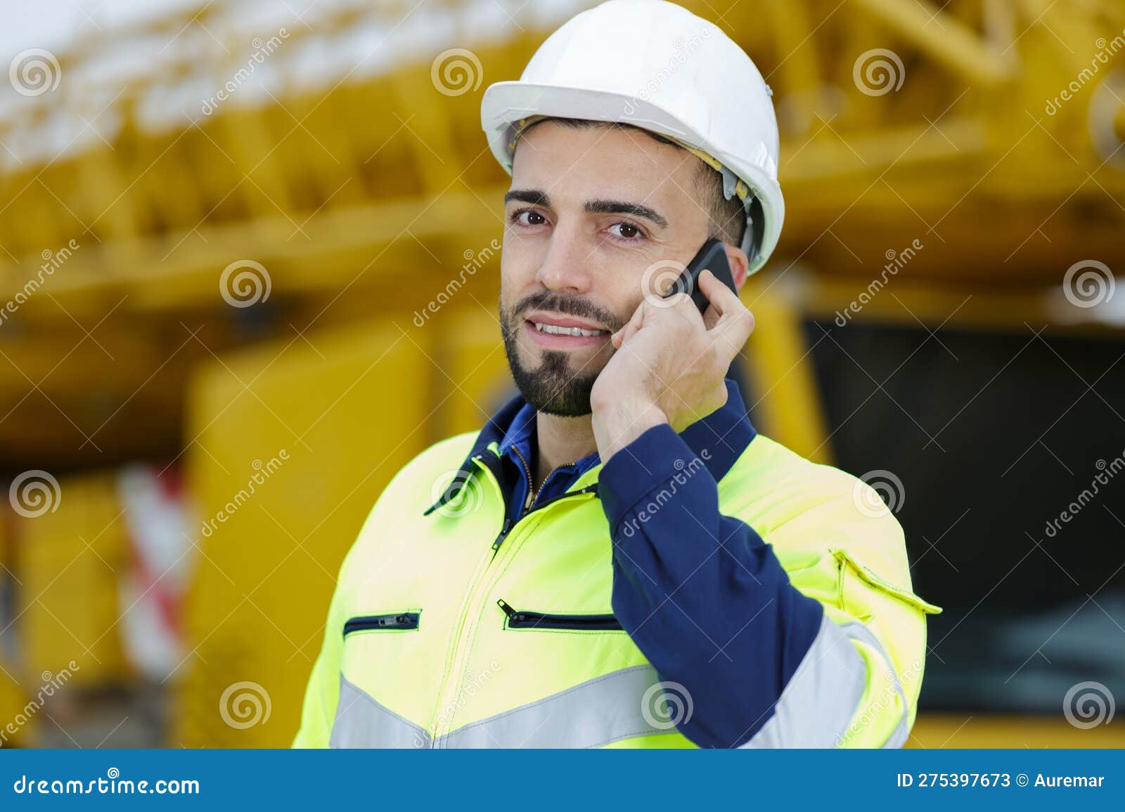 Handsome Repairma in Helmet on Phone Stock Image - Image of employee ...