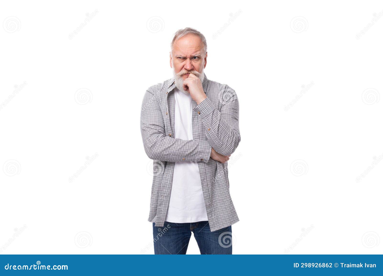 Handsome Retired Man with a Beard and a Big Mustache is Dressed in a ...