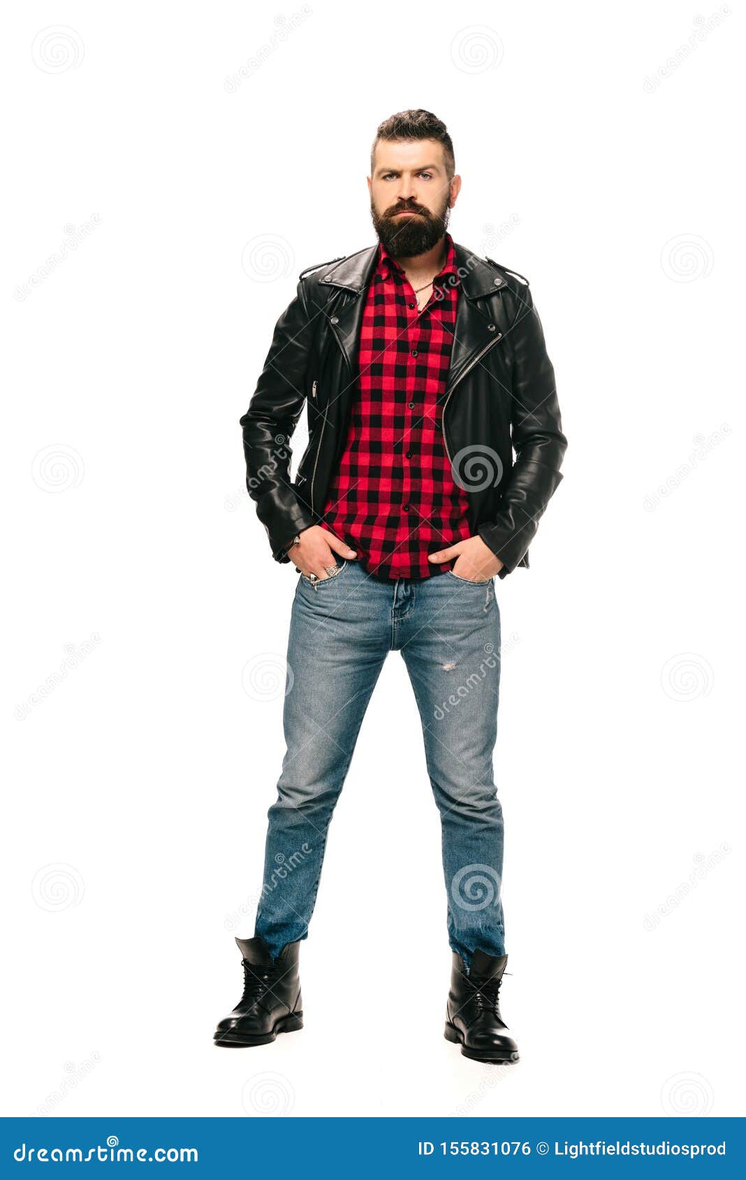 Handsome Rocker Posing in Black Leather Jacket Isolated Stock Photo ...