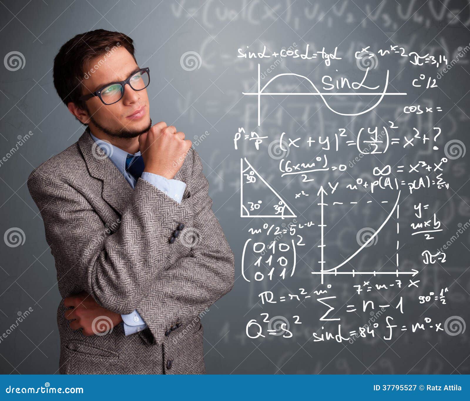 Handsome School Boy Thinking about Complex Mathematical Signs Stock ...