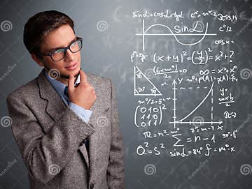 Handsome School Boy Thinking about Complex Mathematical Signs Stock ...