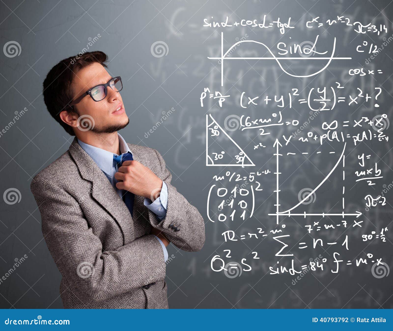 Handsome School Boy Thinking about Complex Mathematical Signs Stock ...