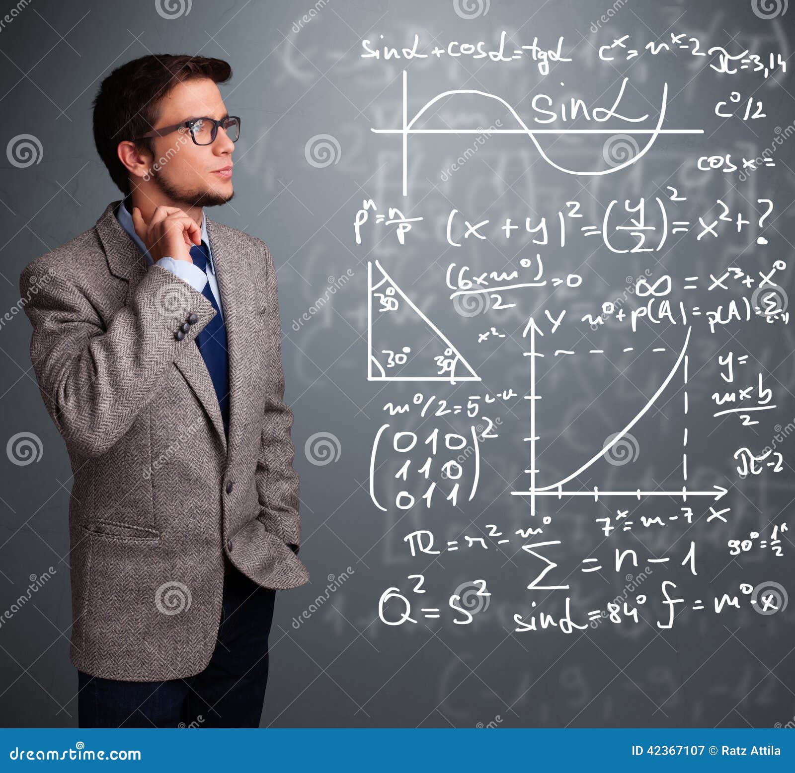 Handsome School Boy Thinking about Complex Mathematical Signs Stock ...