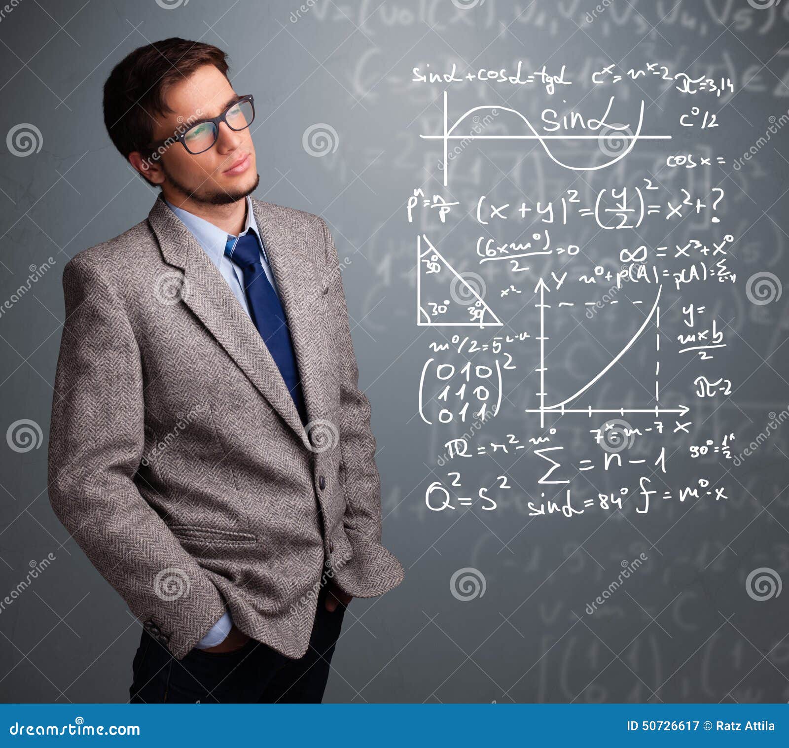 Handsome School Boy Thinking about Complex Mathematical Signs Stock ...