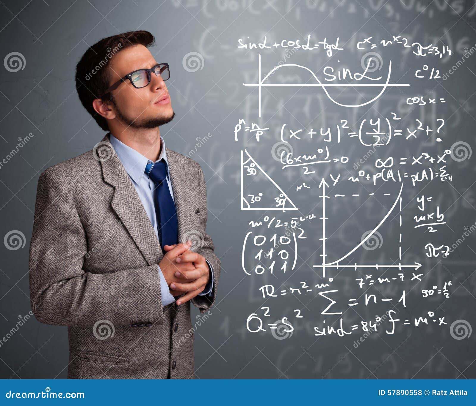 Handsome School Boy Thinking about Complex Mathematical Signs Stock ...