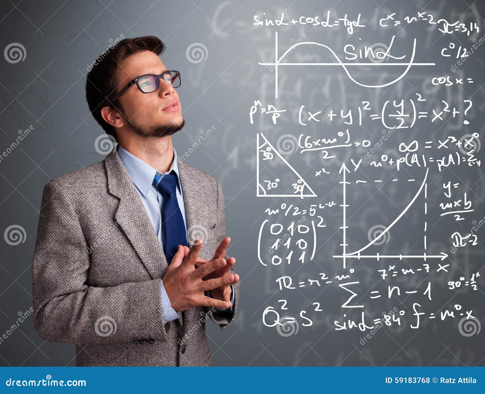 Handsome School Boy Thinking about Complex Mathematical Signs Stock ...