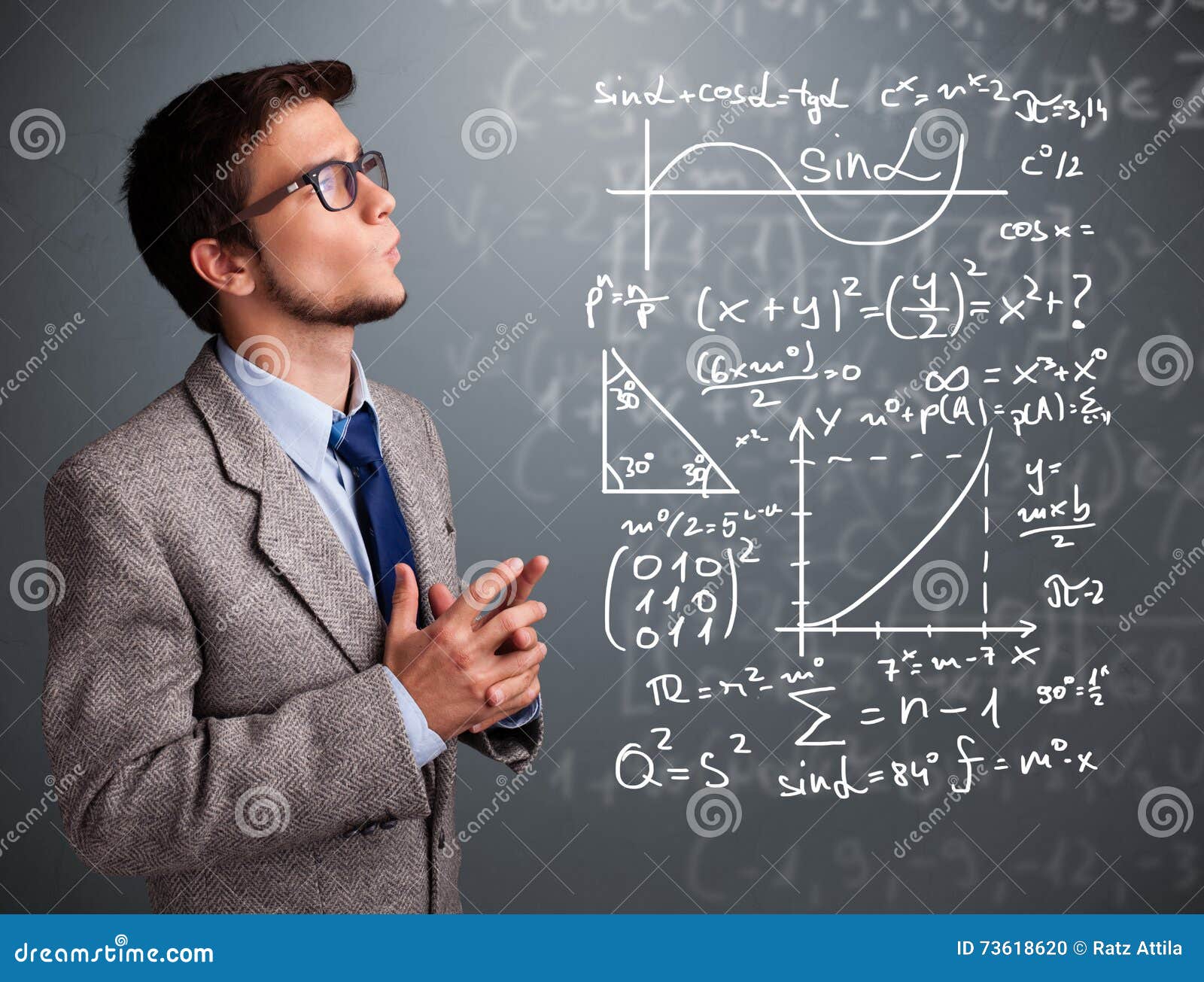 Handsome School Boy Thinking about Complex Mathematical Signs Stock ...