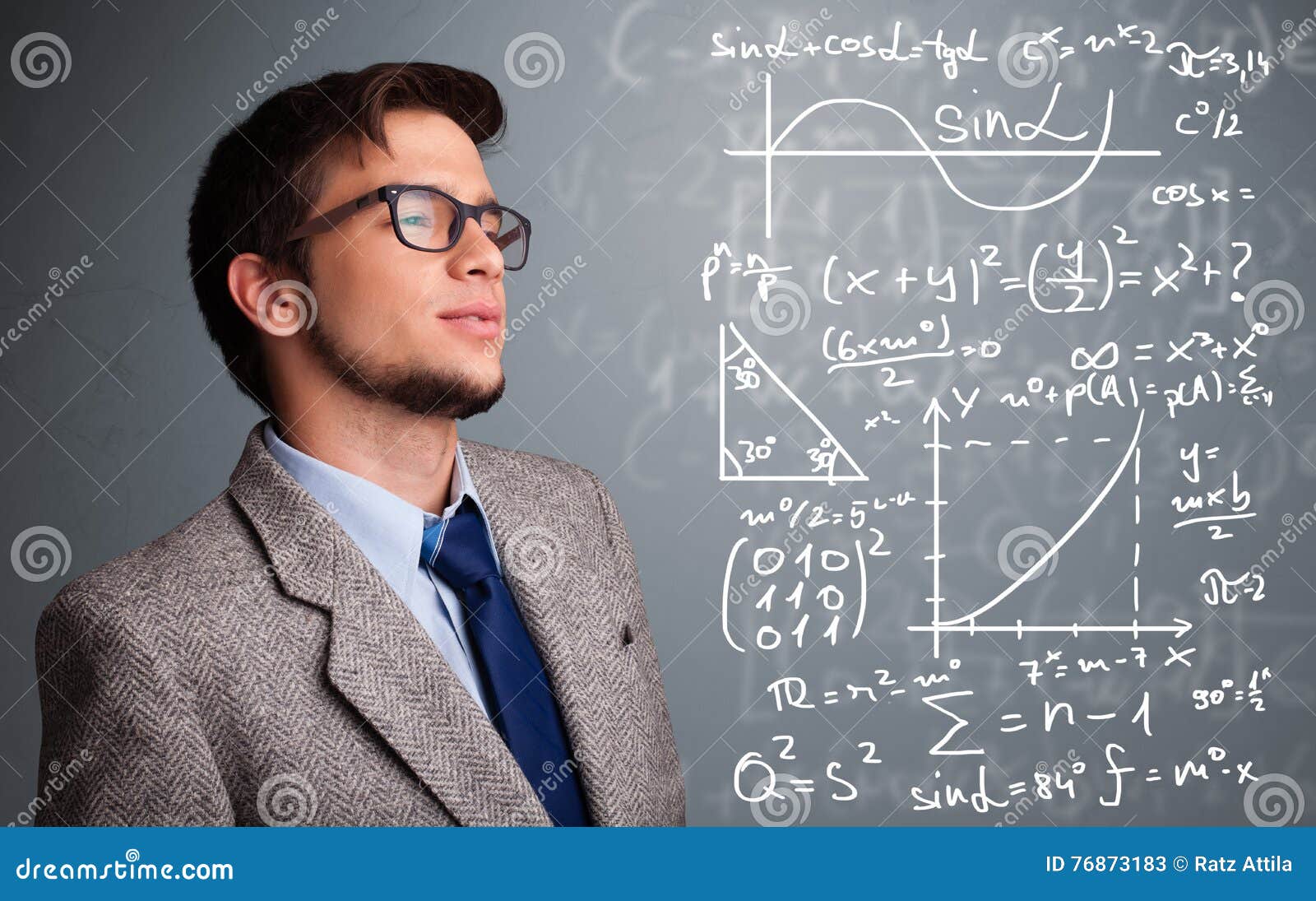 Handsome School Boy Thinking about Complex Mathematical Signs Stock ...
