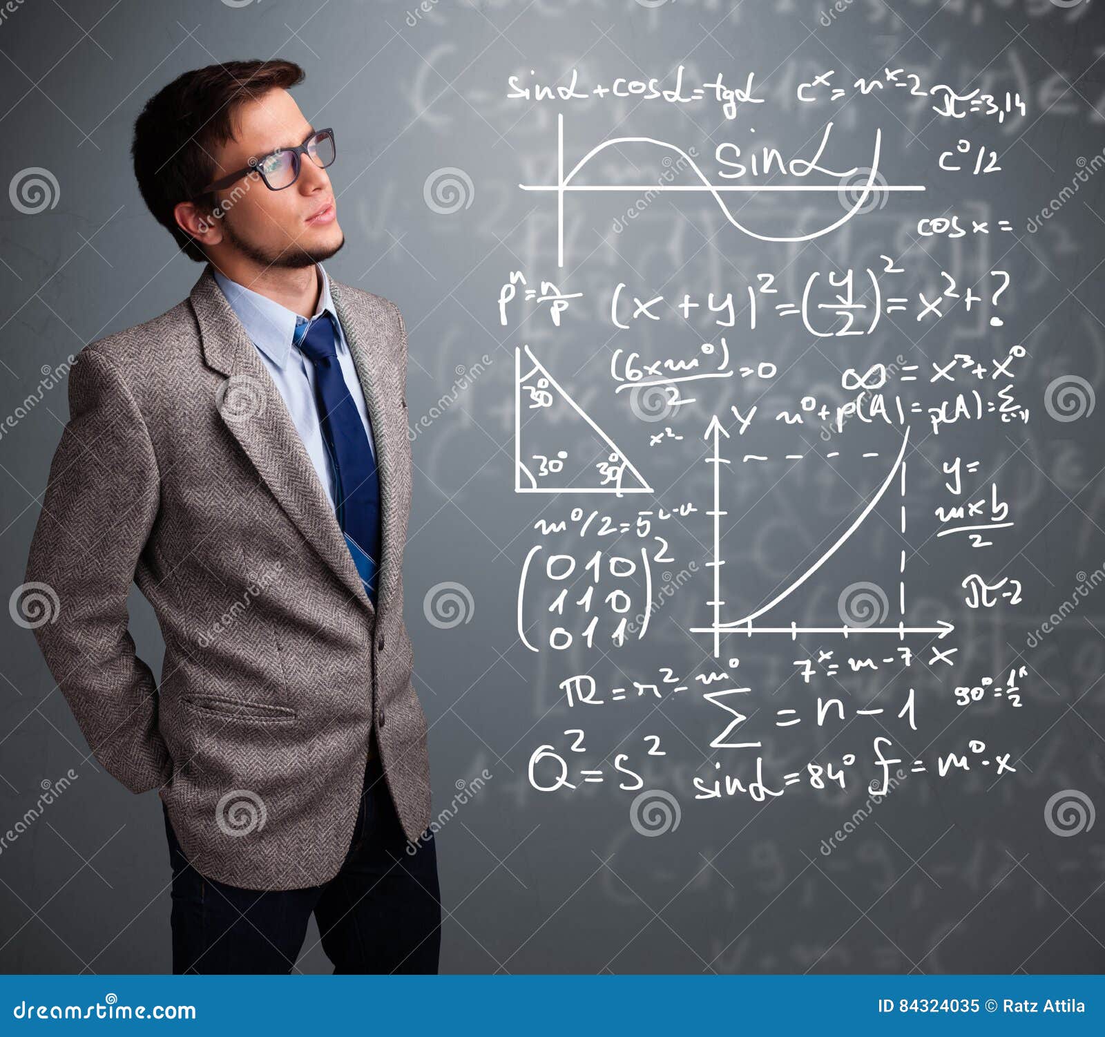 Handsome School Boy Thinking about Complex Mathematical Signs Stock ...