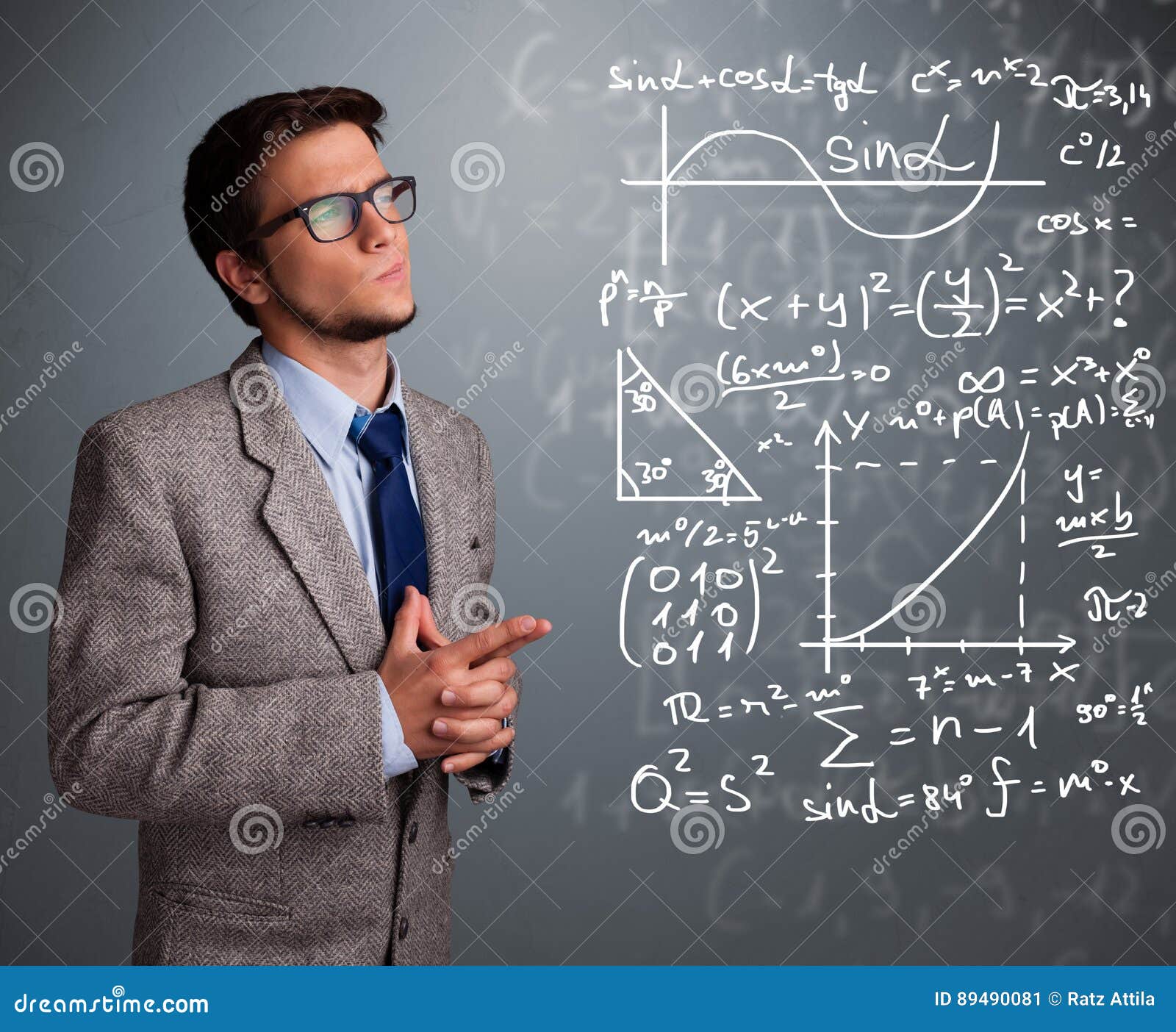 Handsome School Boy Thinking about Complex Mathematical Signs Stock ...