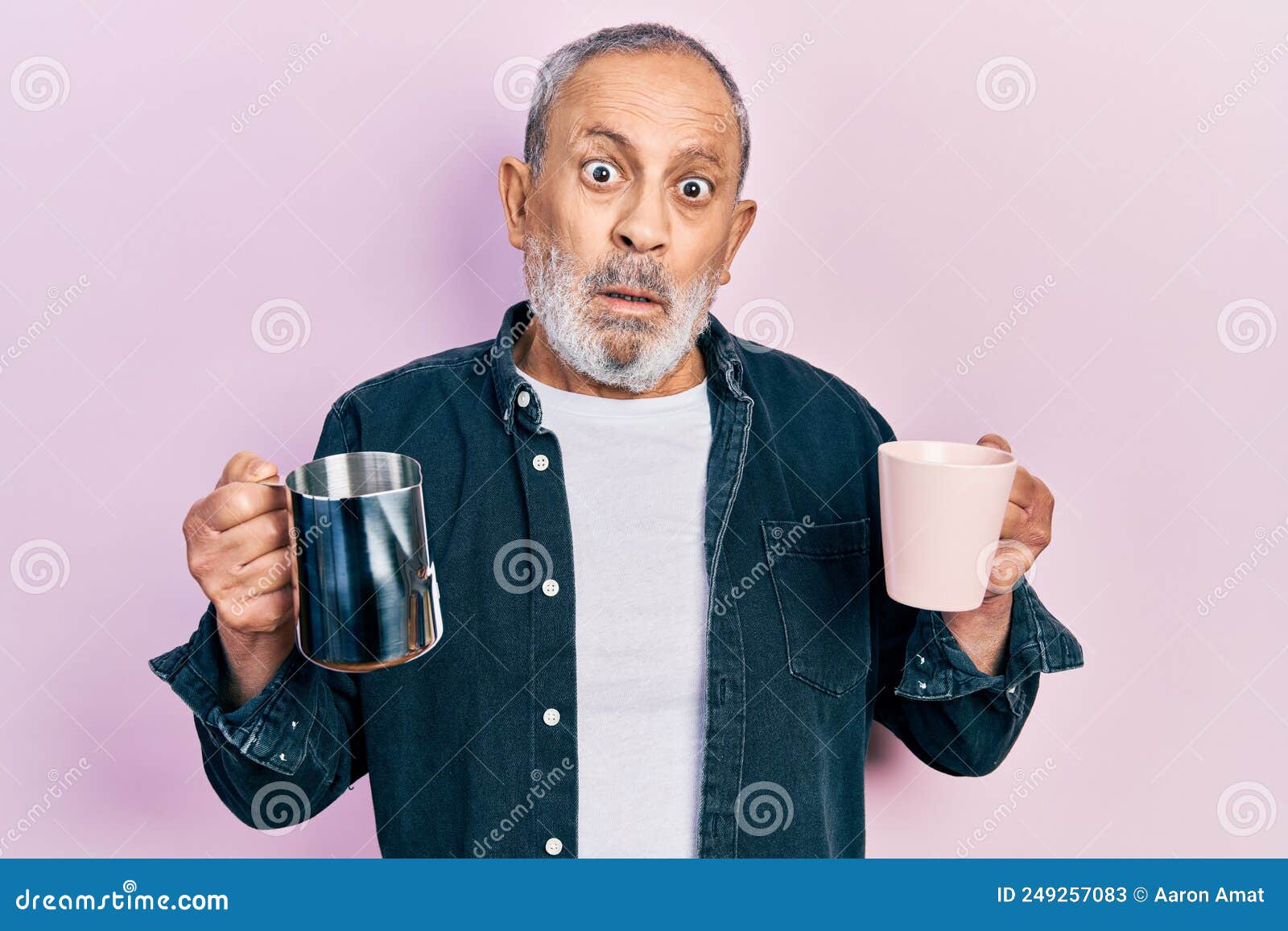 Handsome Senior Man with Beard Holding Coffee and Milk Clueless and ...