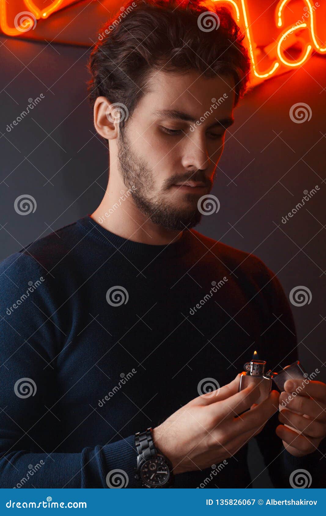 Handsome Serious Man Using a Lighter Stock Image - Image of attractive ...