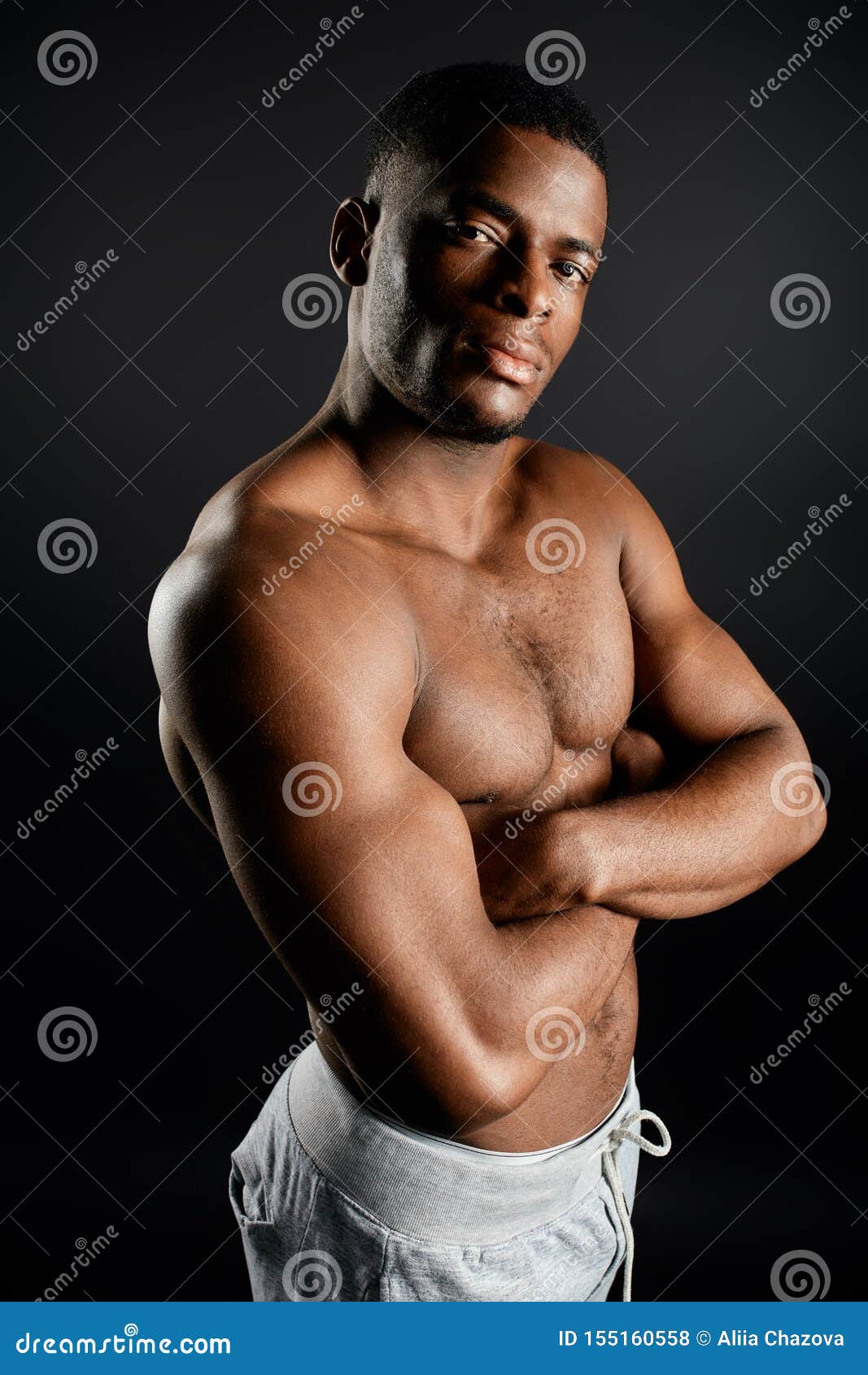 Handsome Shirtless African American Guy Standing With Crossed Arms