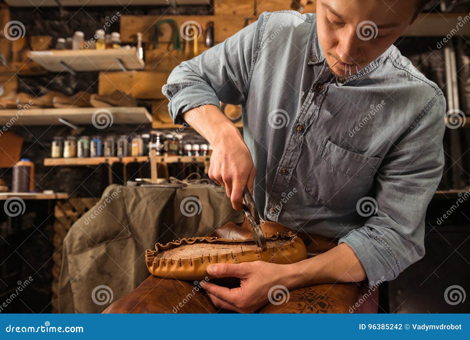 Handsome Shoemaker Sitting in Workshop Making Shoes Stock Photo - Image ...