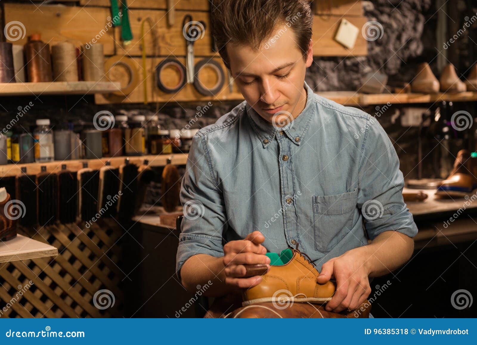 Handsome Shoemaker Sitting in Workshop Making Shoes Stock Photo - Image ...