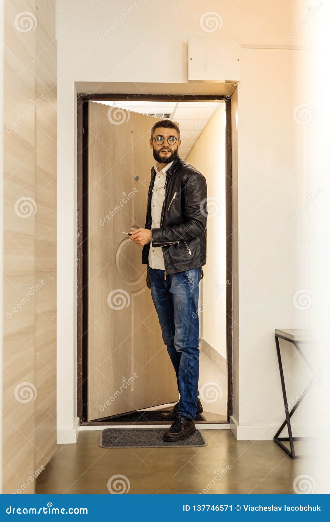 Handsome Short Haired Bearded Man Entering The Room Stock Image Image