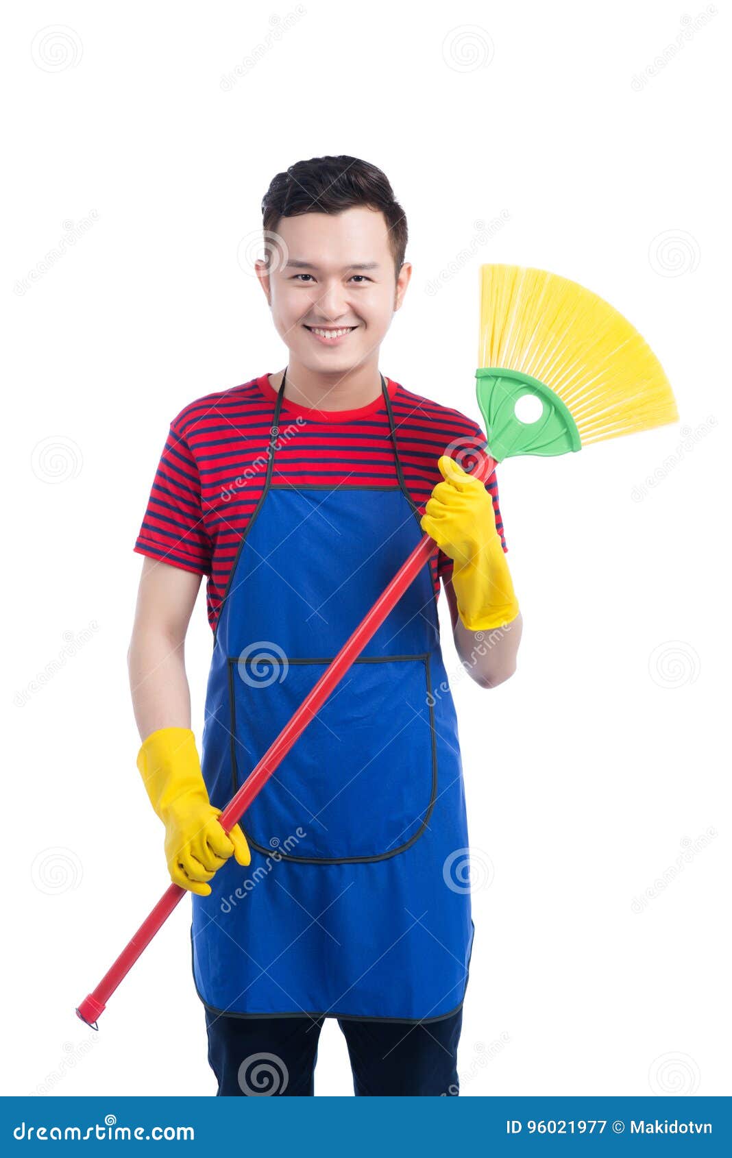 Handsome Smiling Asian Man Doing Housework. Isolated Over White. Stock ...
