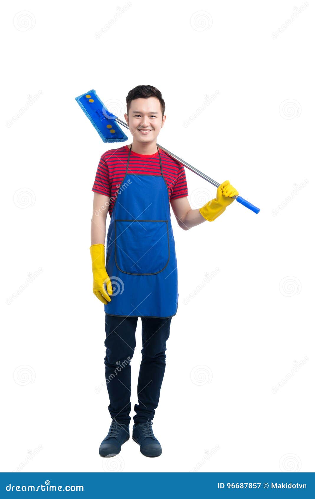 Handsome Smiling Asian Man Doing Housework. Isolated Over White. Stock ...