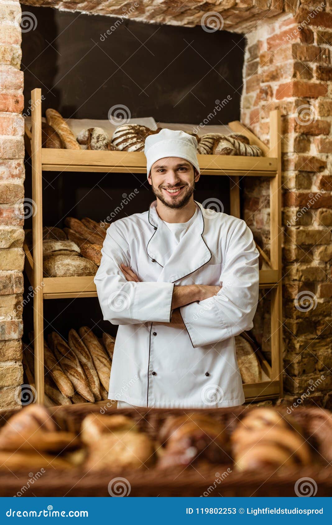 Handsome Smiling Baker with Crossed Arms Standing Stock Image - Image ...