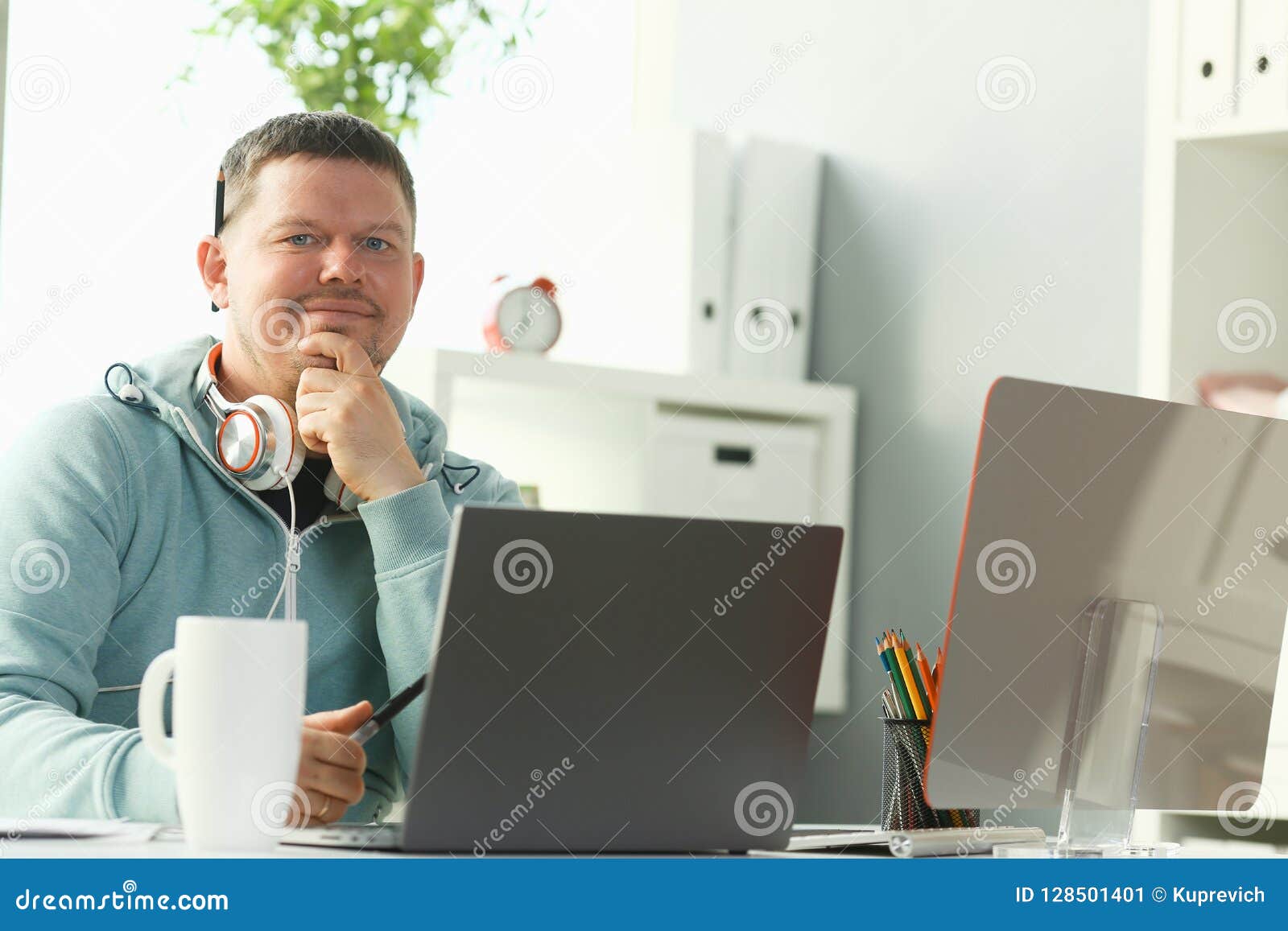 Handsome Smiling Male Student Using Online Stock Image - Image of ...
