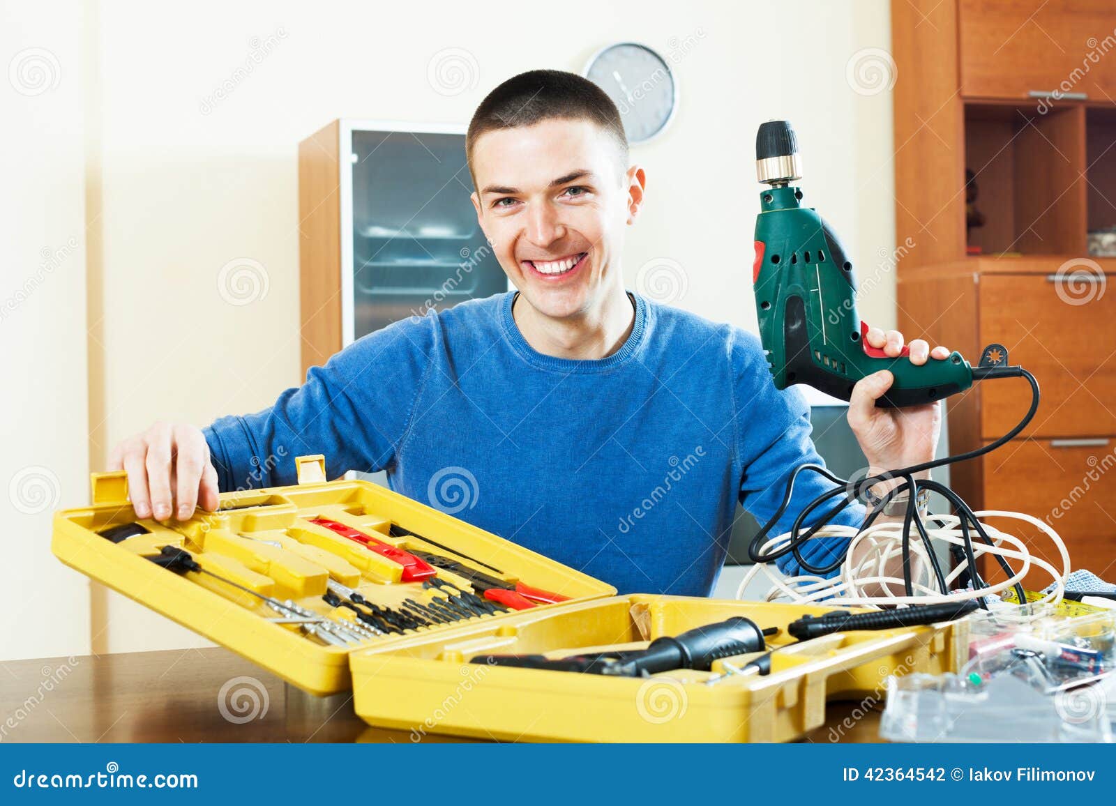 Handsome Smiling Man with Toolbox Holding Drill Stock Photo - Image of ...