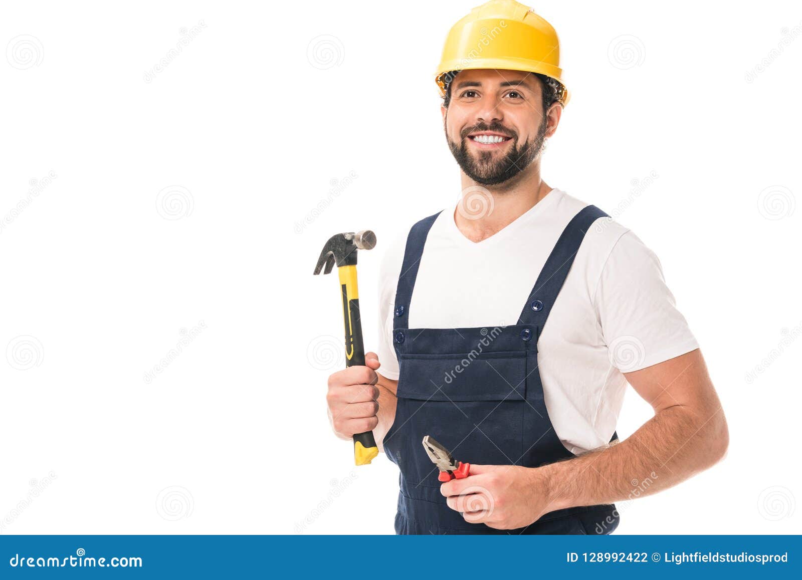 Handsome Smiling Workman Holding Pliers and Hammer Stock Photo - Image ...