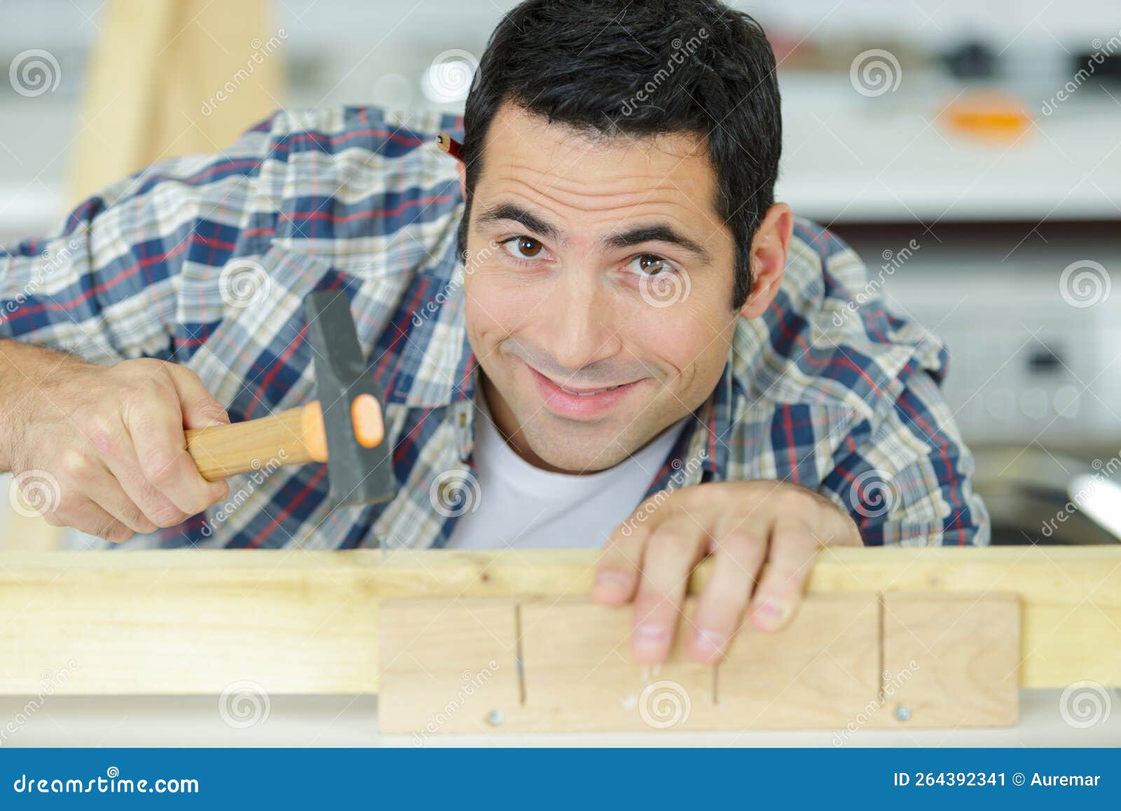 Handsome Smiling Workman Using Hammer Stock Image - Image of people ...