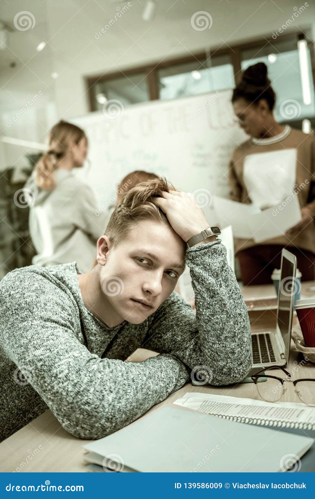 Handsome Student Feeling and Lonely in the Class Stock Image - Image of ...