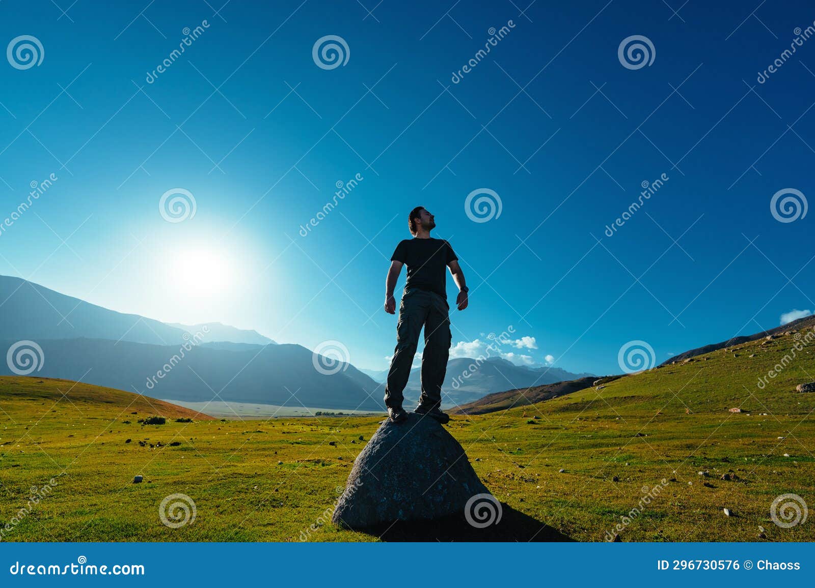 Successful Man Standing on Big Stone in Mountains Stock Photo - Image ...