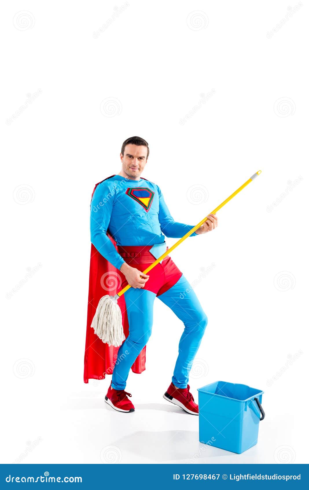 Handsome Superhero Having Fun with Mop and Smiling at Camera Stock ...