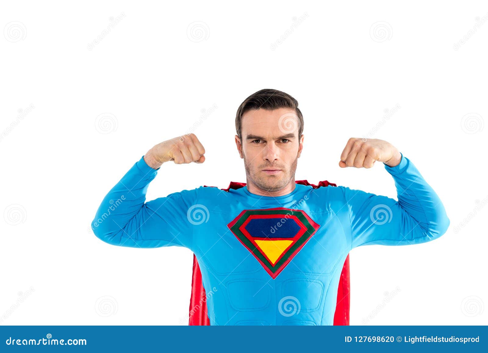 Handsome Superhero Showing Muscles and Looking at Camera Stock Photo ...