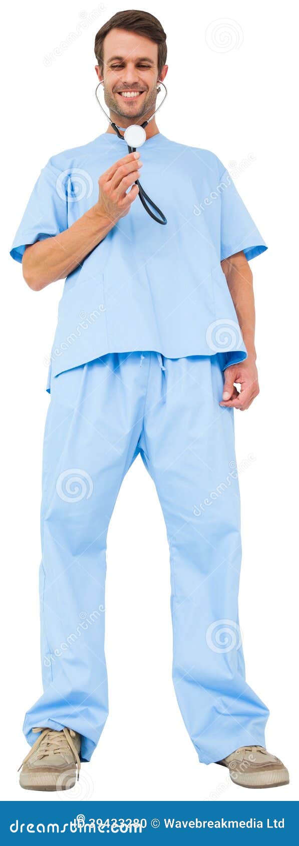 Handsome Surgeon in Blue Scrubs Using Stethoscope Stock Photo - Image ...