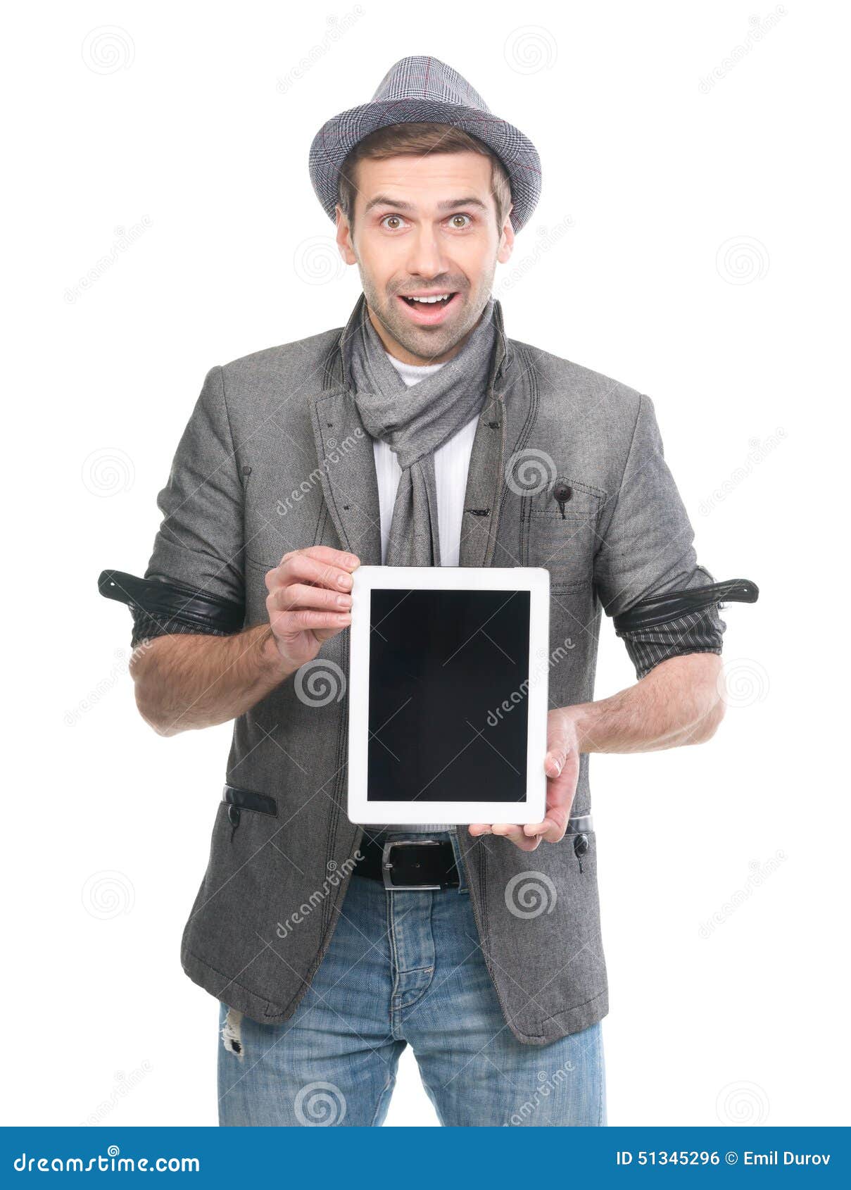 Handsome Surprised Man in Hat with Digital Tablet Pc. Stock Photo ...