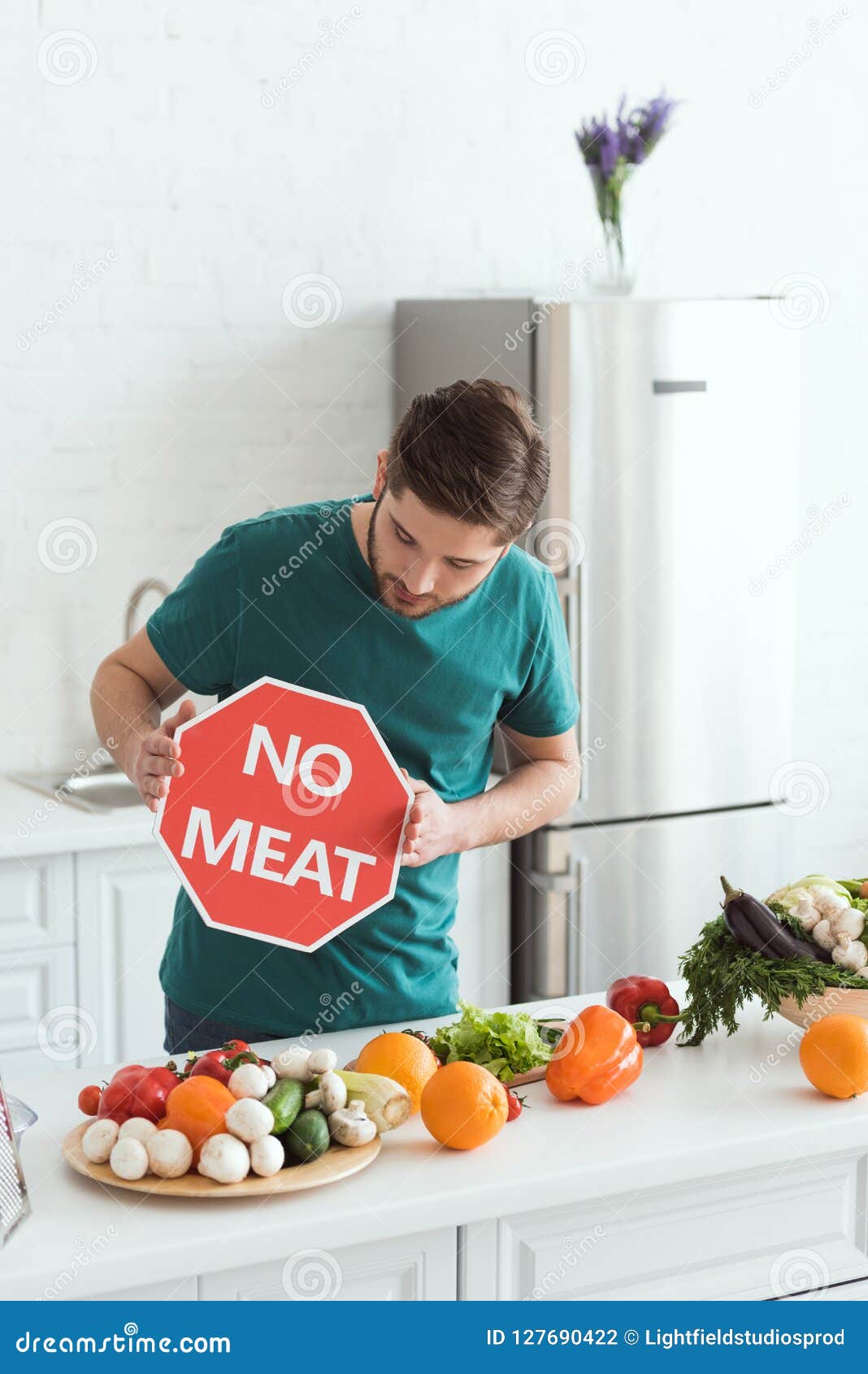 Handsome Vegan Man Looking at No Meat Sign Stock Photo - Image of tasty ...