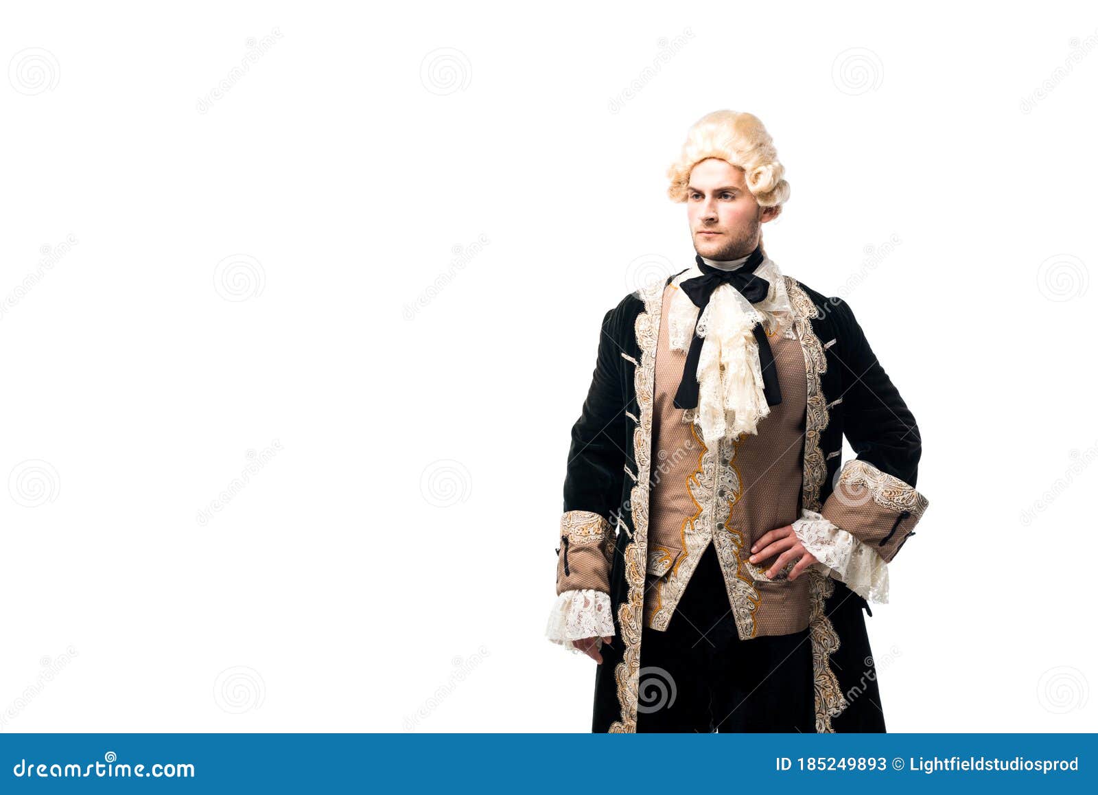 Victorian Man in Wig Standing with Hand on Hip Isolated on White Stock ...