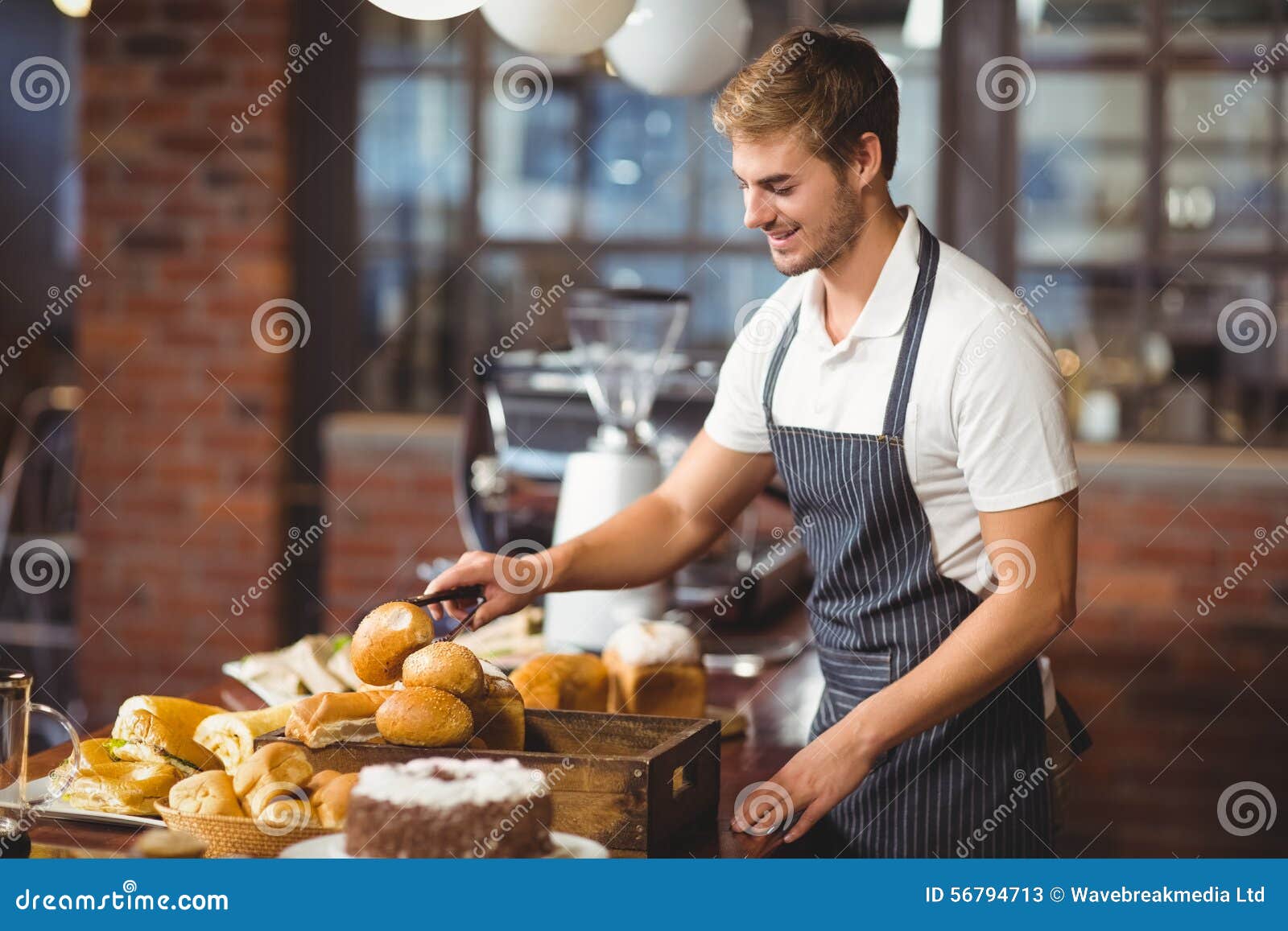 Handsome Waiter In Red Apron. Successful Small Business Owner. Serious ...